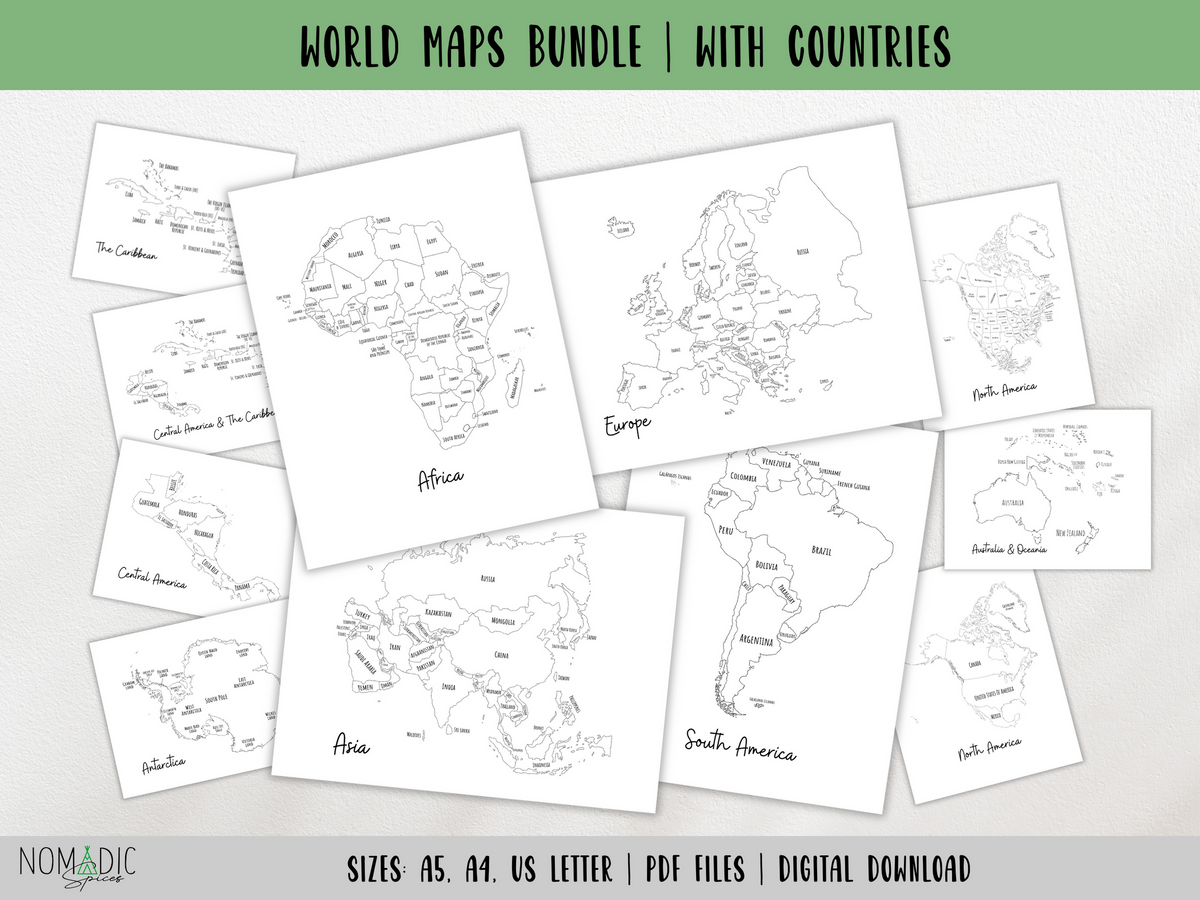 World Travel Map Bundle | Labeled Continent Maps | Digital Download ...