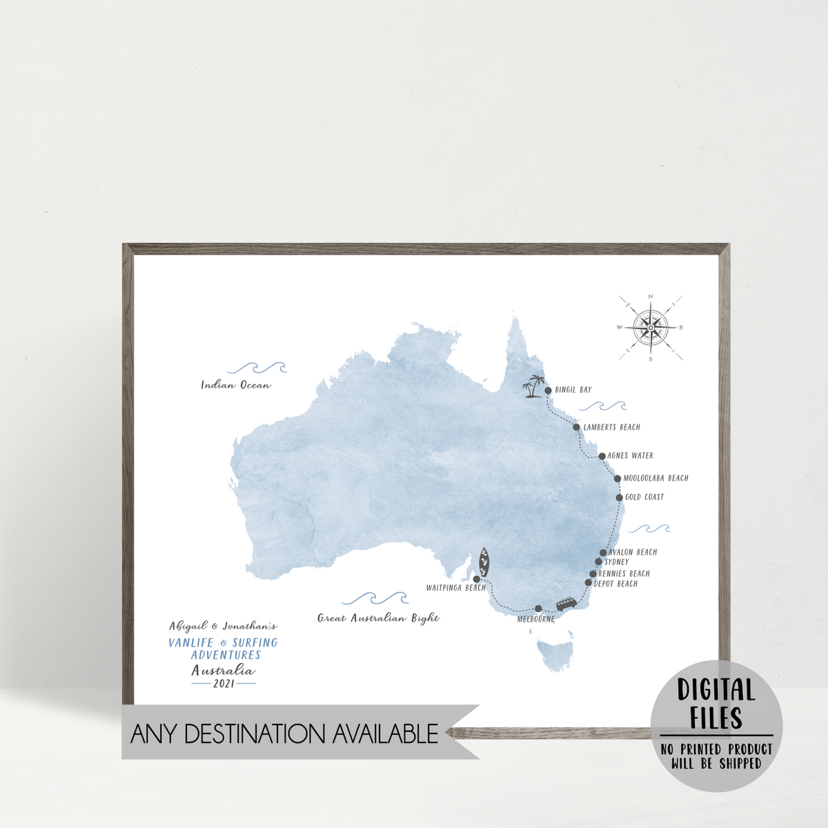 Personalized Travel Map | Australia Travel Map | Surfing Van Trip Map ...