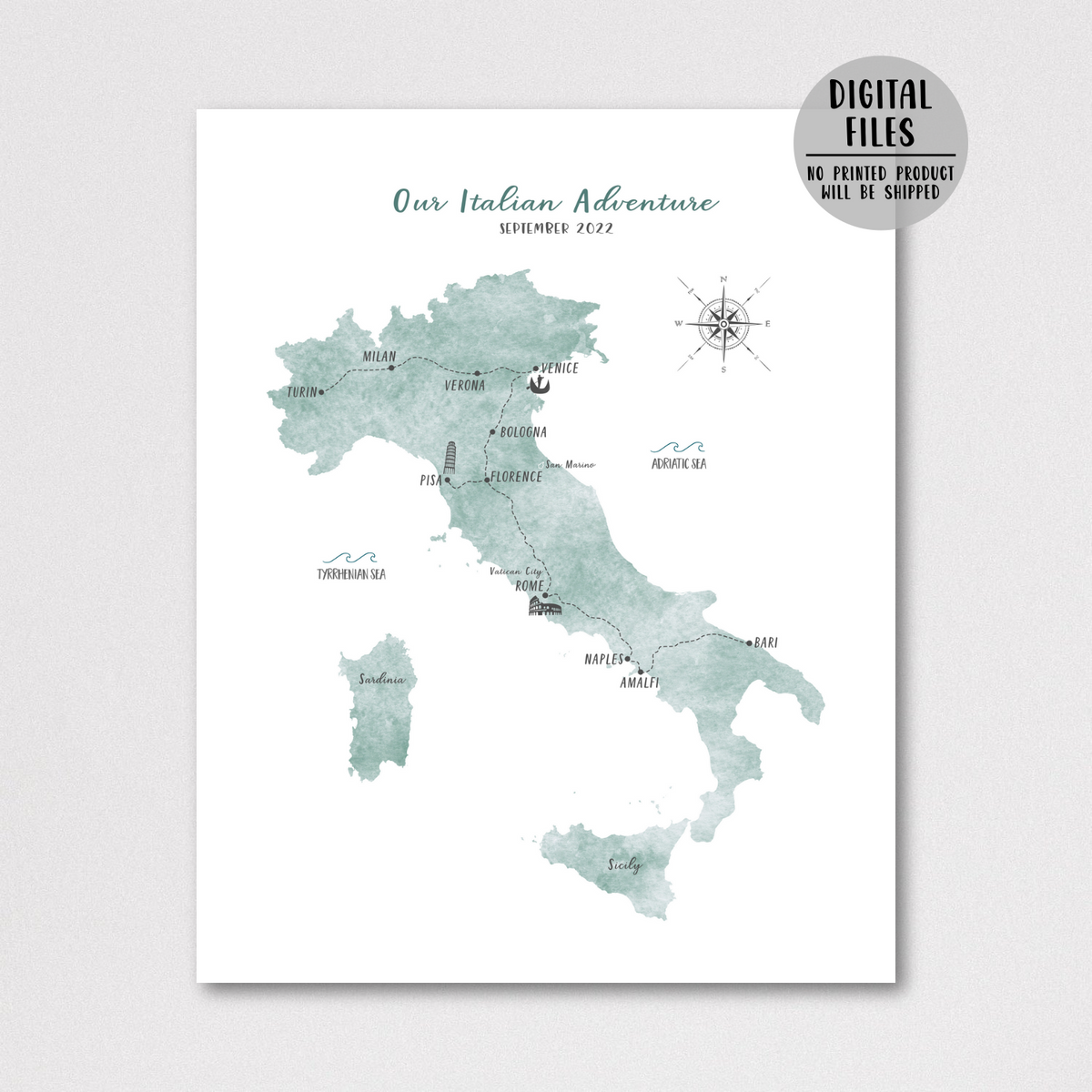 Personalized Travel Map | Italy Travel Map | Italy Road Trip Map ...