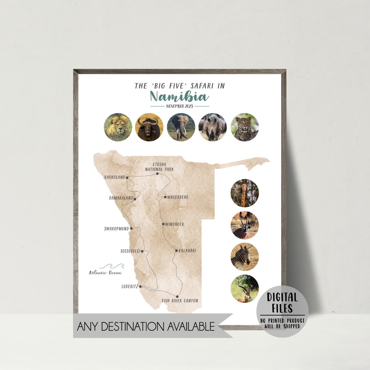 Personalized Travel Map | Namibia Travel Map | Namibia Safari Map ...