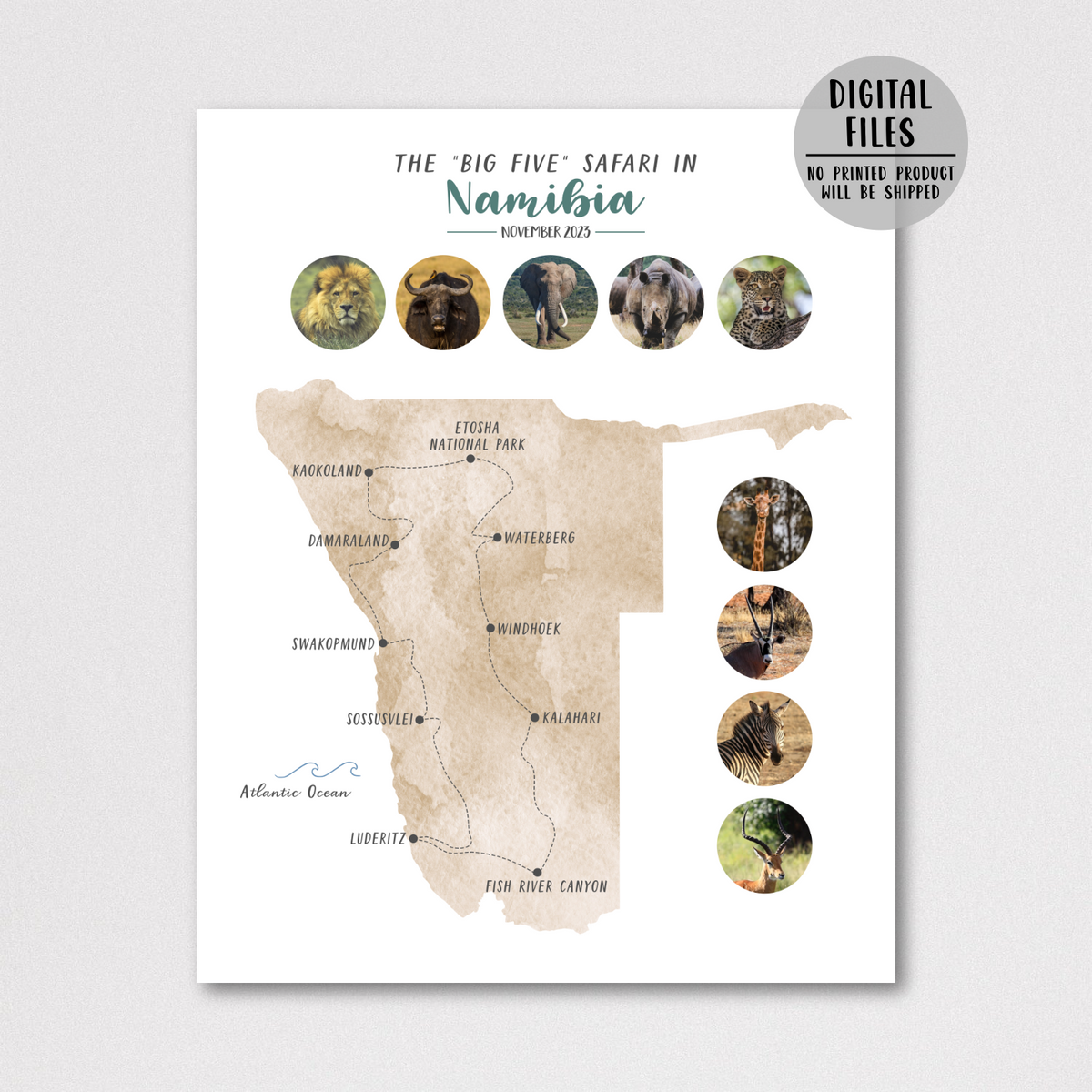 Personalized Travel Map | Namibia Travel Map | Namibia Safari Map ...