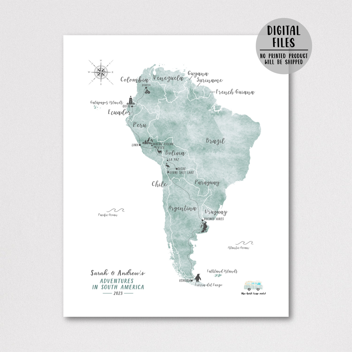 Personalized Travel Map | South America Travel Map | South America Roa ...