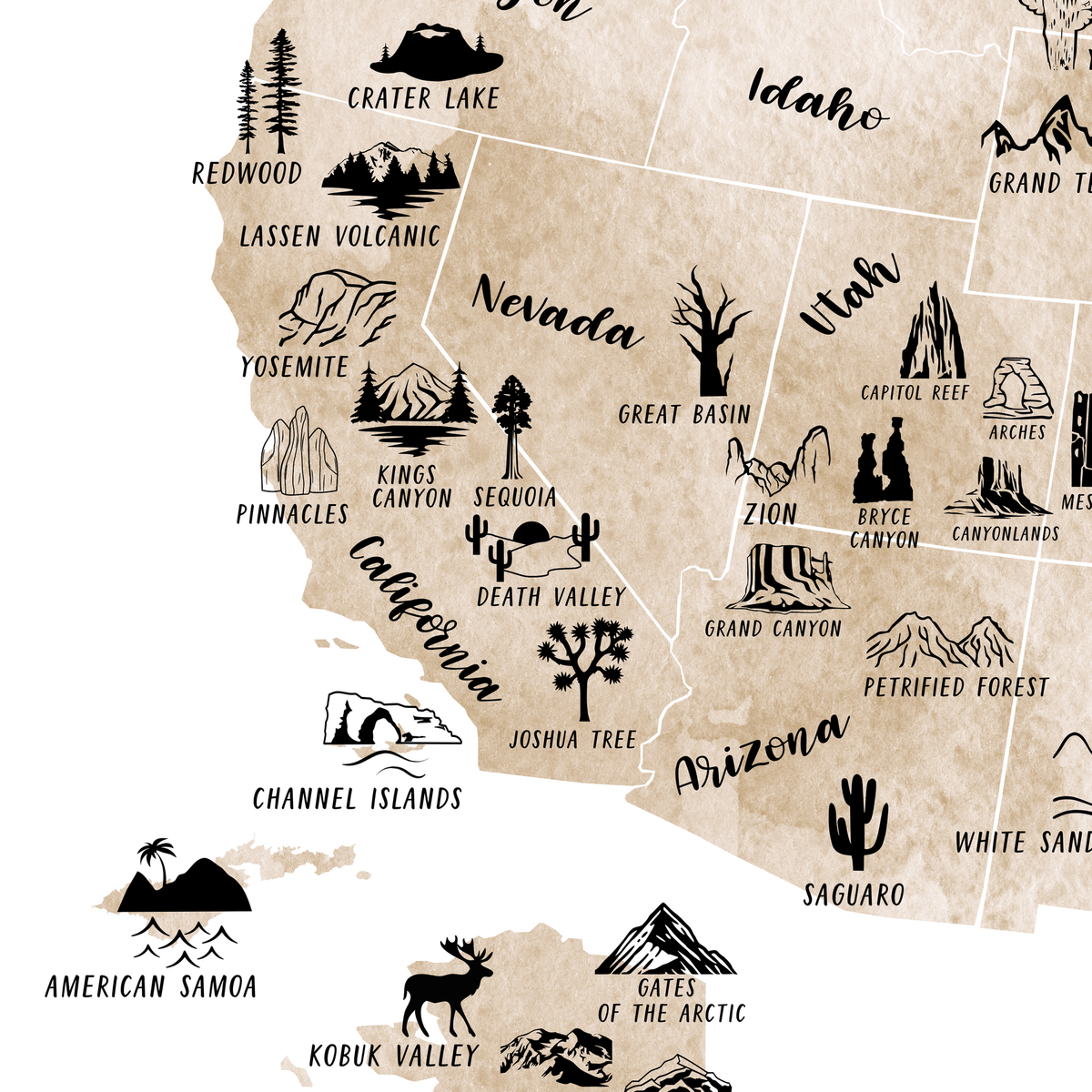 USA National Parks Map With Icons | Illustrated Map| Digital Download ...