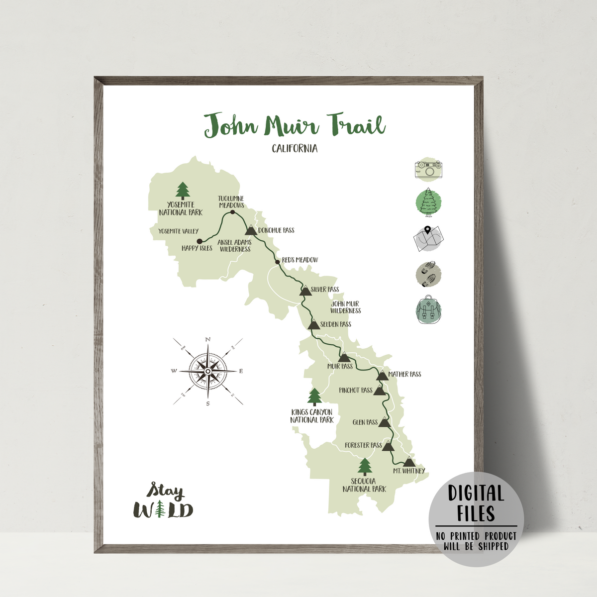 John Muir Trail Map | John Muir Hiking Trail Map | Gift For Hiker ...