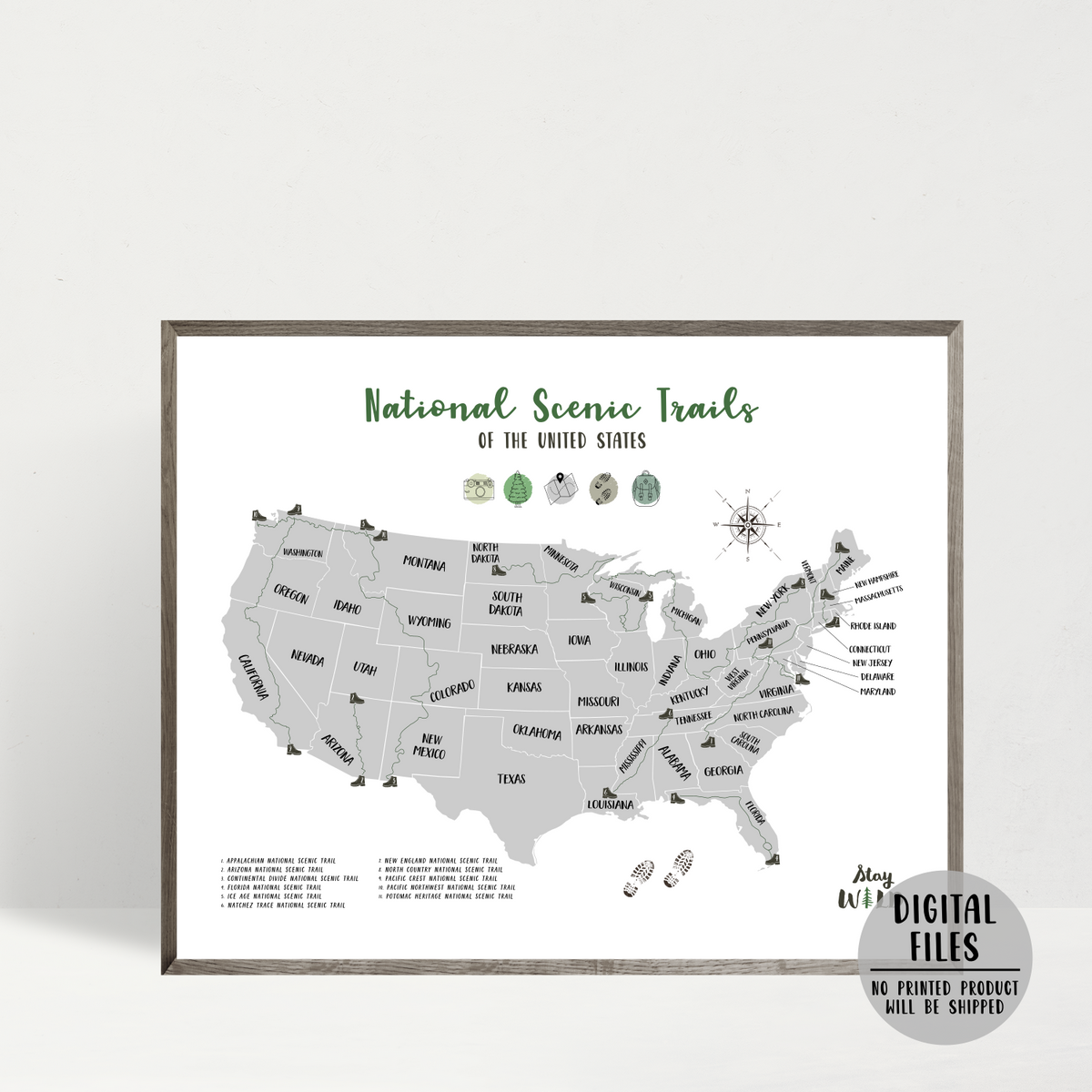 National Scenic Trails Map | USA Hiking Trails | Digital Print ...