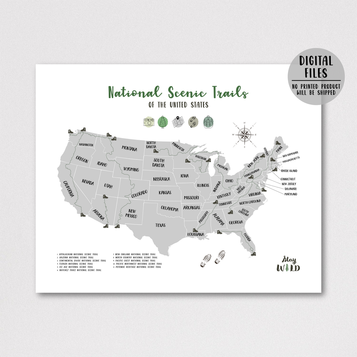 National Scenic Trails Map | USA Hiking Trails | Digital Print ...