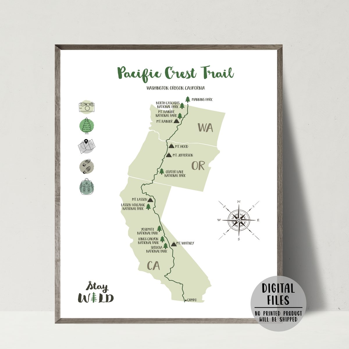 Pacific Crest Trail Map | Pacific Crest Hiking Trail | Digital Print ...