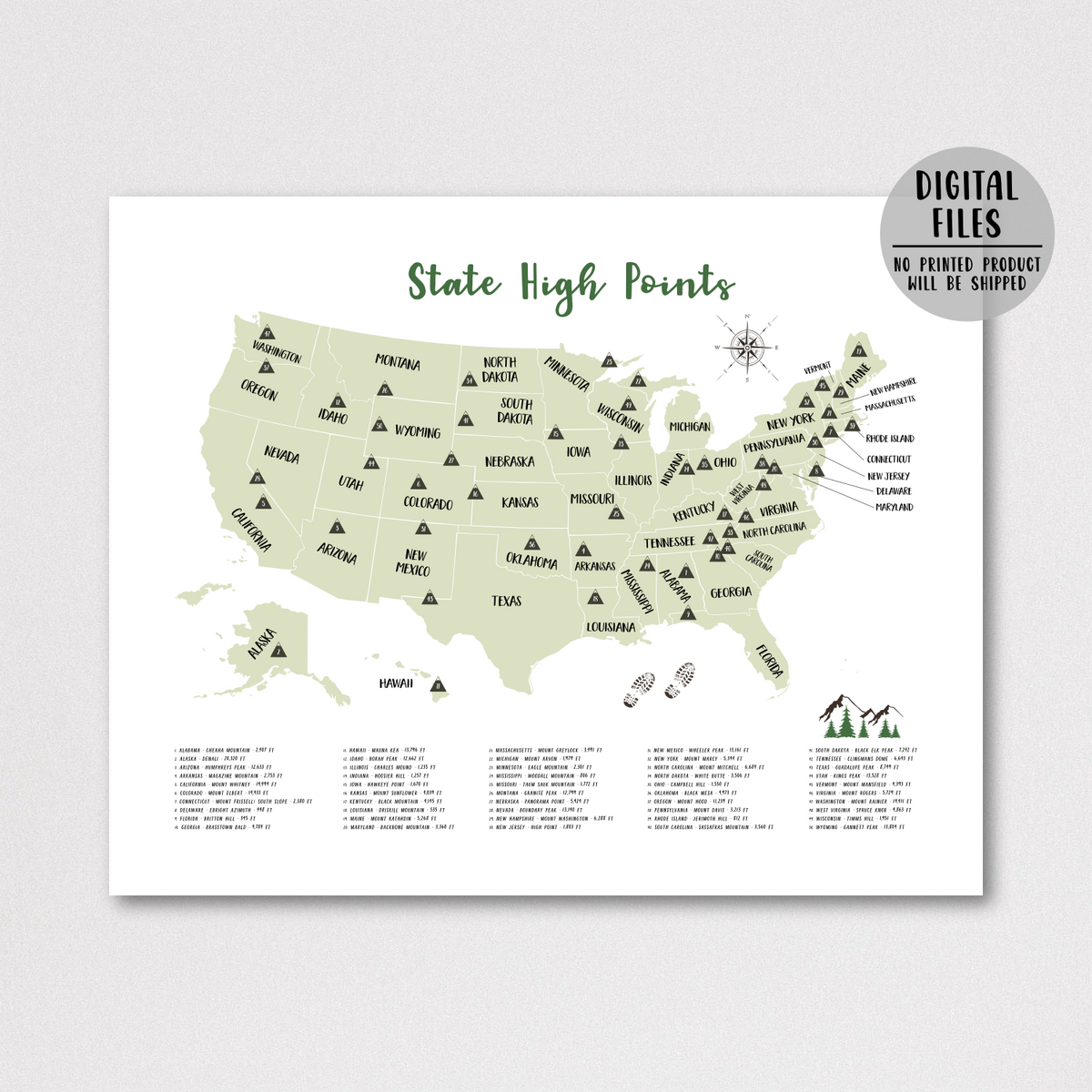 USA State High Points Map | Mountain Map | State Highest Peak Map ...