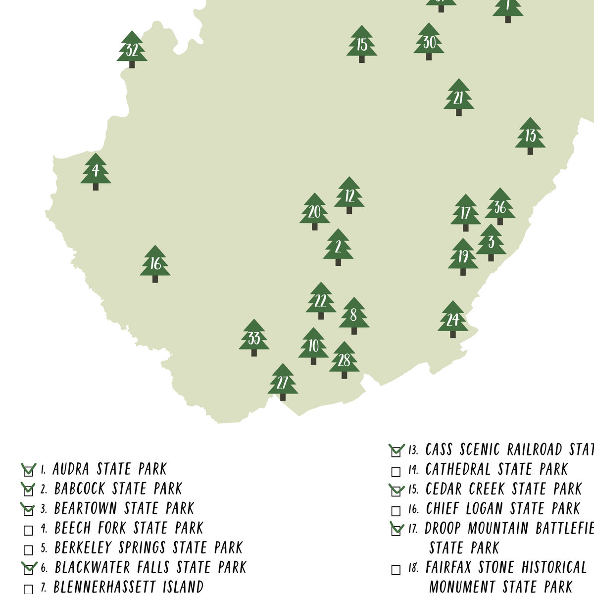 West Virginia State Parks Map | West Virginia Map | Gift For Hiker ...
